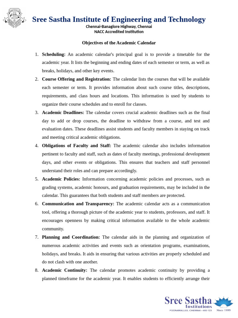 Academic Calendar Overview and Objectives | PDF | Academic Term