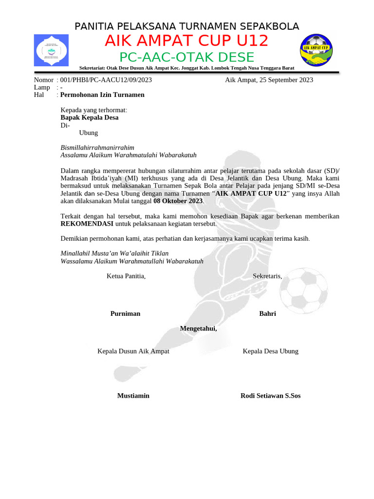 Contoh Surat Permohonan Rekomendasi Turnamen | PDF