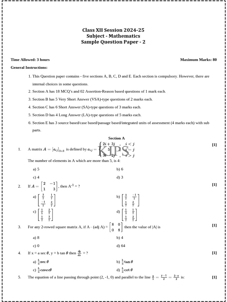 Class XII Mathematics Sample Paper | PDF | Matrix (Mathematics ...