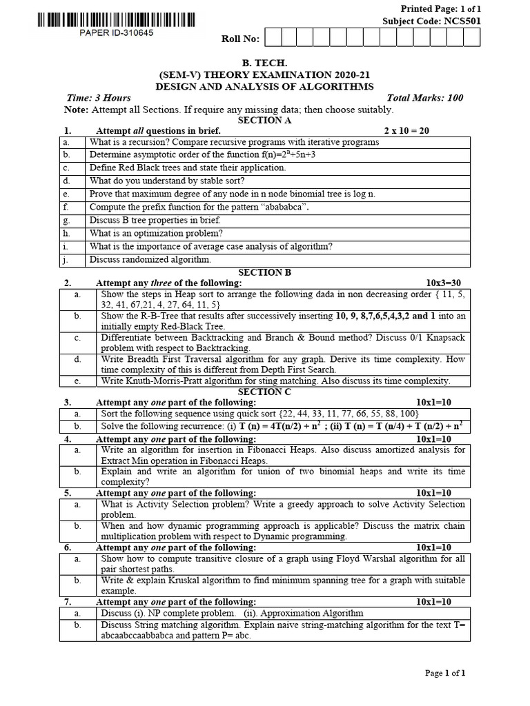 Btech Cs 5 Sem Design and Analysis of Algorithm ncs501 2021 | PDF | Computer Science ...