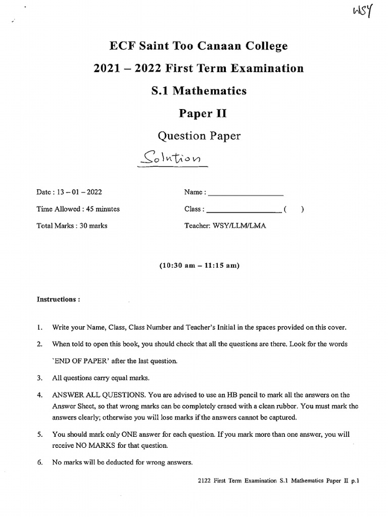 2122_S1_MTH_1st term Exam_Paper 2_Solution_WSY | PDF