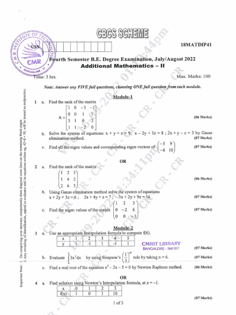 VTU Exam Question Paper With Solution of 18MATDIP41 Additional ...
