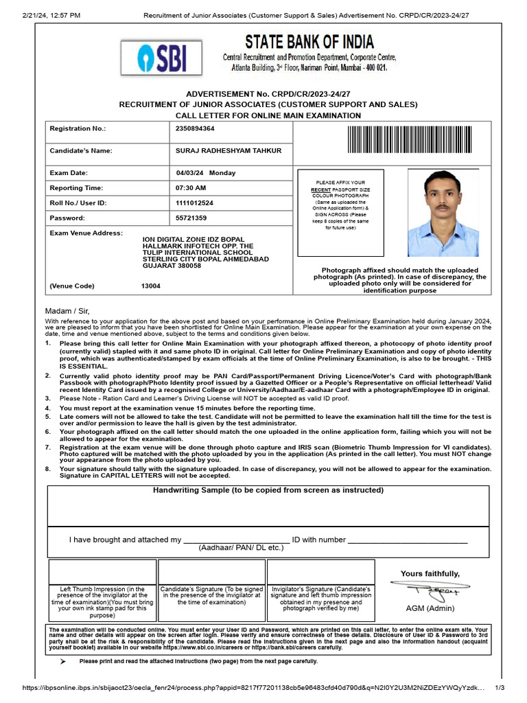 Junior Associate Exam Call Letter | PDF | Identity Document | Driver's ...