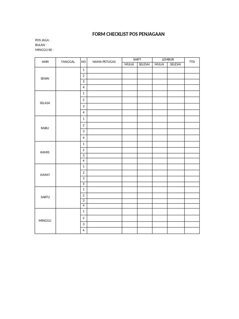 FORM CHECKLIST POS PENJAGAAN All pos | PDF