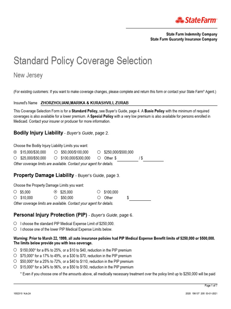 Standard Policy Coverage Selection: New Jersey | PDF | Insurance ...