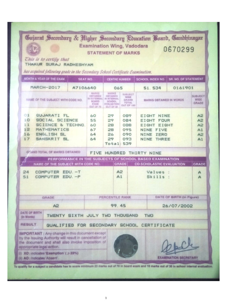 10th Marksheet | PDF