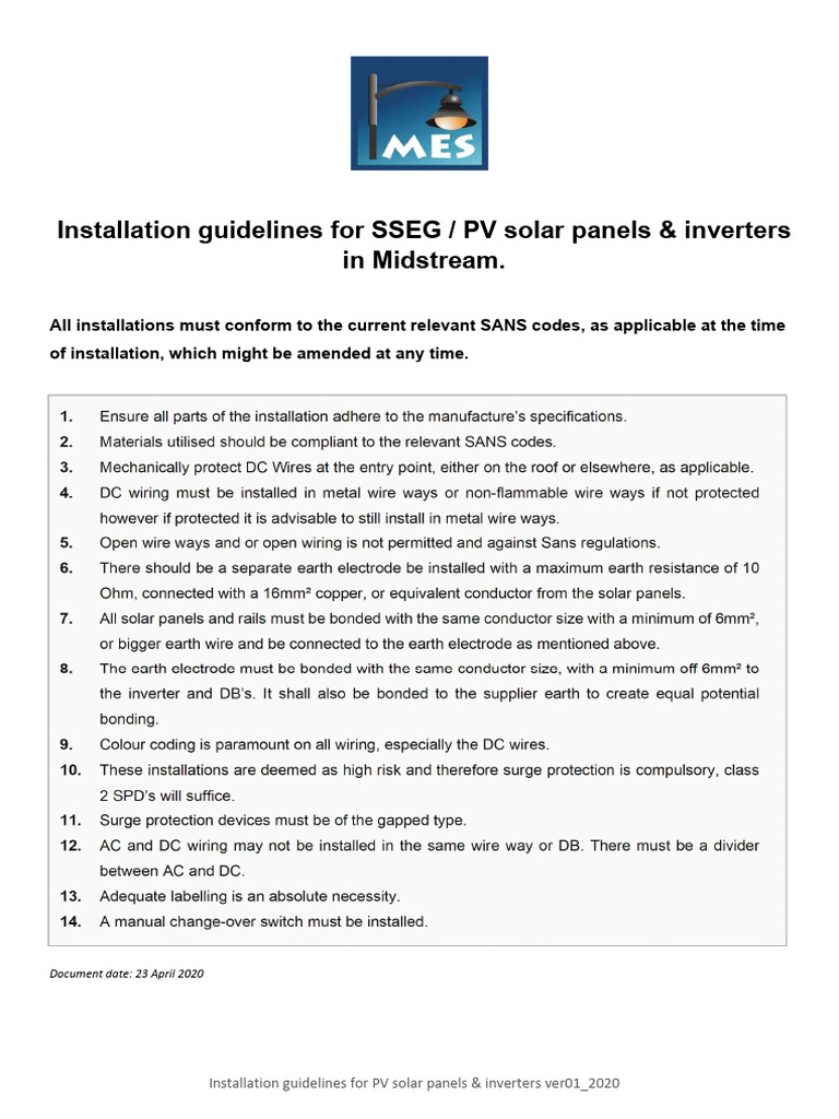 Installation Guidelines For SSEG - PV Solar Panels & Inverters | PDF