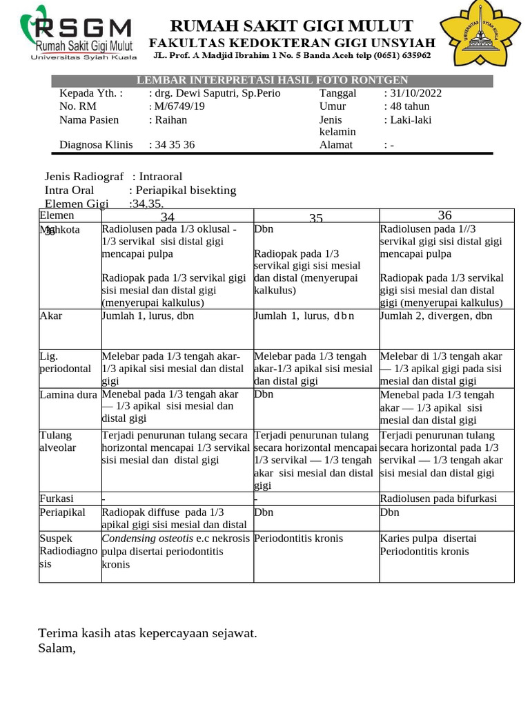 Hasil Rontgen untuk drg. Dewi | PDF