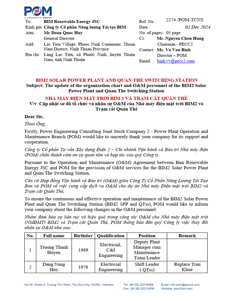 24_2274_POM-TCNS_The Update of the Organization Chart and O&M Personnel ...