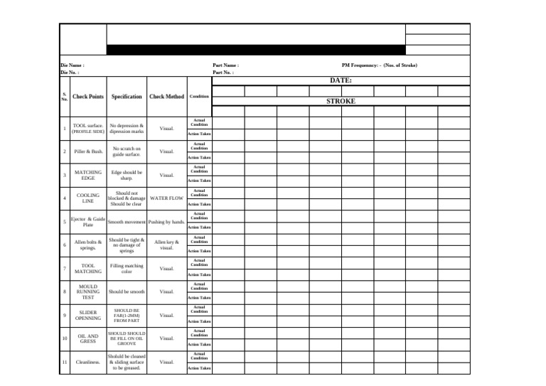 (F-MT-14) Preventive Maintenance Check Sheet Die's | PDF