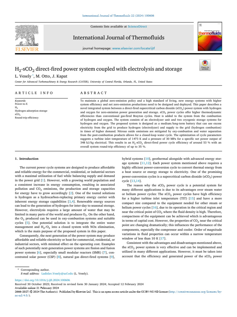 H2 sCO2 Direct Fired Power System Coupled With - 2024 - International ...