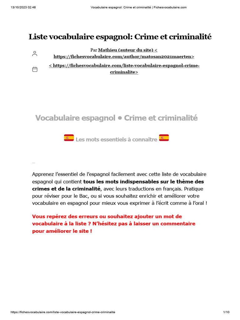 Vocabulaire Espagnol - Crime Et Criminalité | PDF | Dangers | La violence