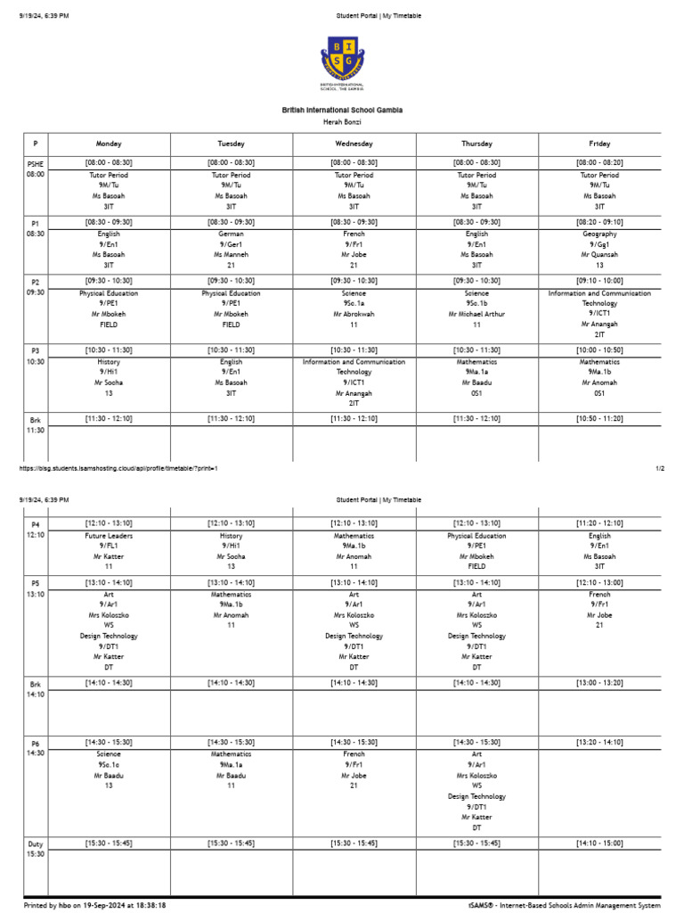 Student Portal - My Timetable | PDF