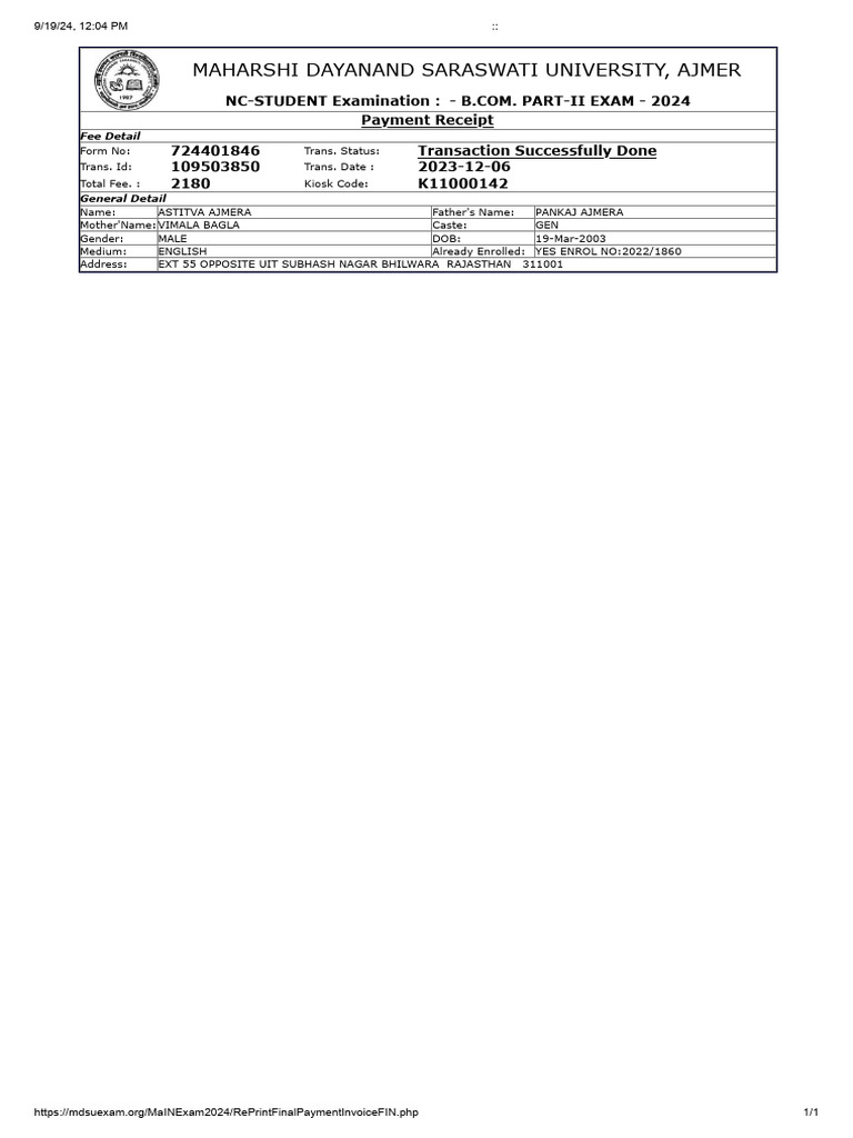 Fees Receipt For Icai | PDF