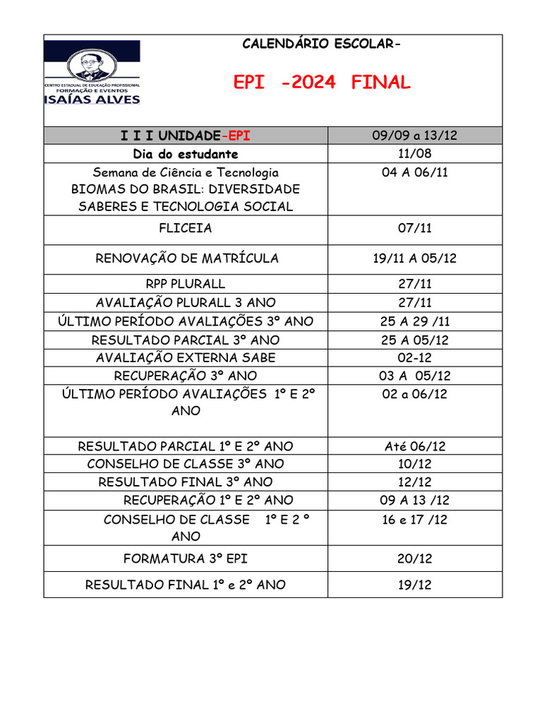 Calendário Final Epi 2024 | PDF