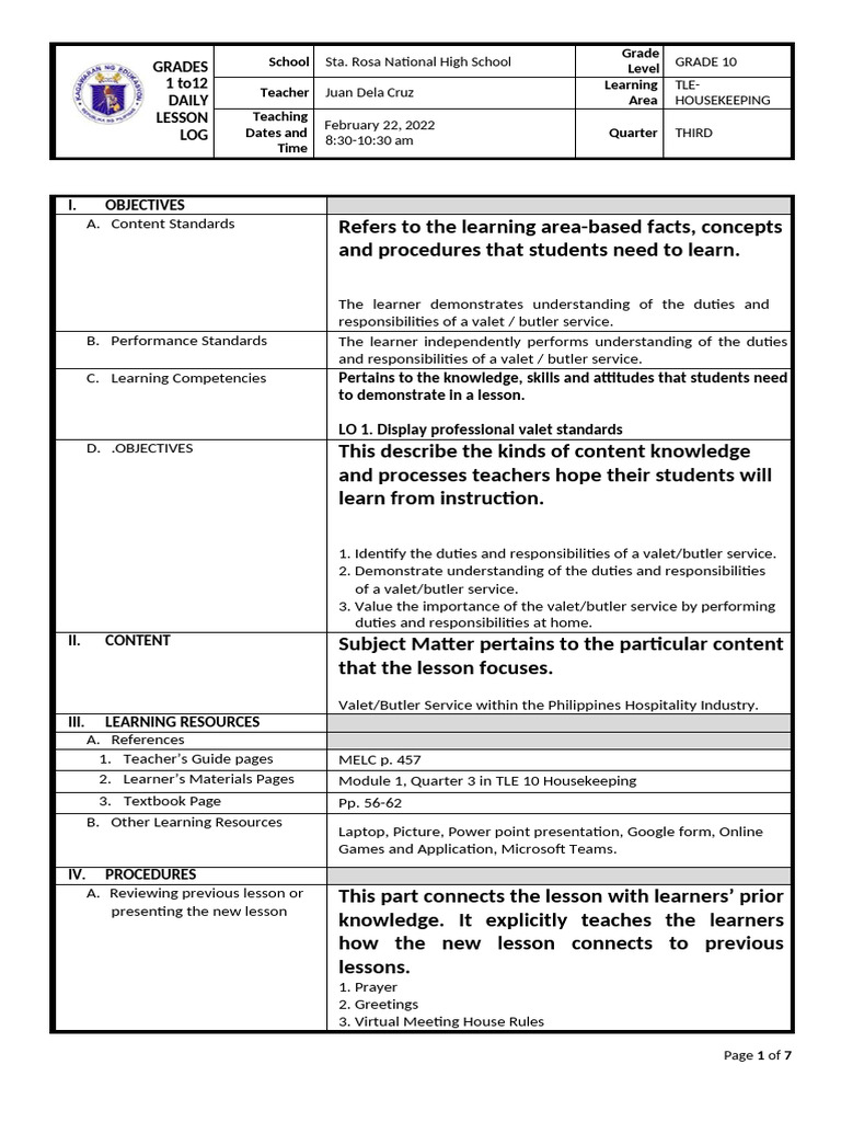 Sample Daily Lesson Log | PDF | Learning | Teachers
