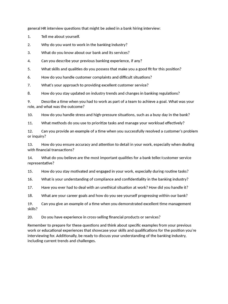 General HR Interview Questions That Might Be Asked in A Bank Hiring ...