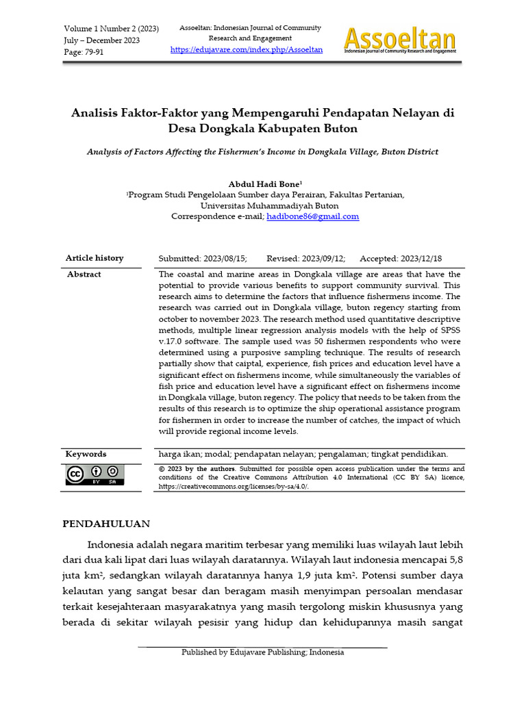 Analisis Faktor-Faktor yang Mempengaruhi Pendapatan Nelayan di Desa Dongkala Kabupaten Buton | PDF