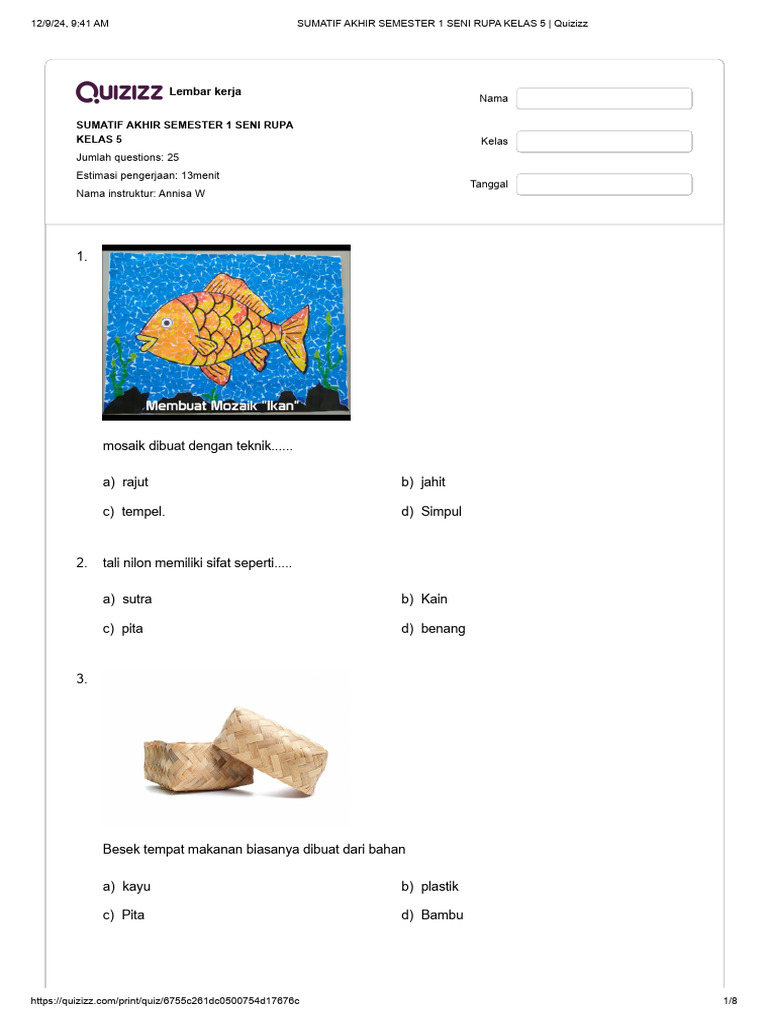 SUMATIF AKHIR SEMESTER 1 SENI RUPA KELAS 5 - Quizizz | PDF