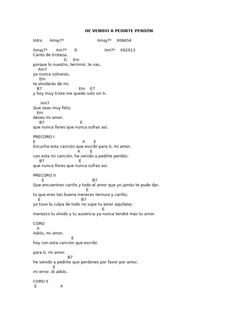 Letra y acordes de "He venido a pedirte perdón" | PDF