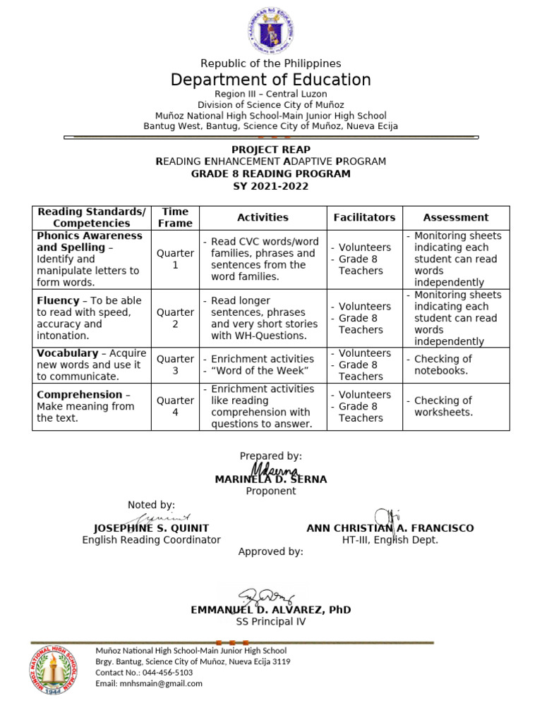 Enclosure 3 - School-based Reading Program of Grade 8 | PDF | Language ...