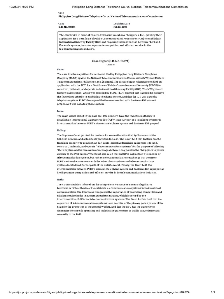 Philippine Long Distance Telephone Co. vs. National Telecommunications ...