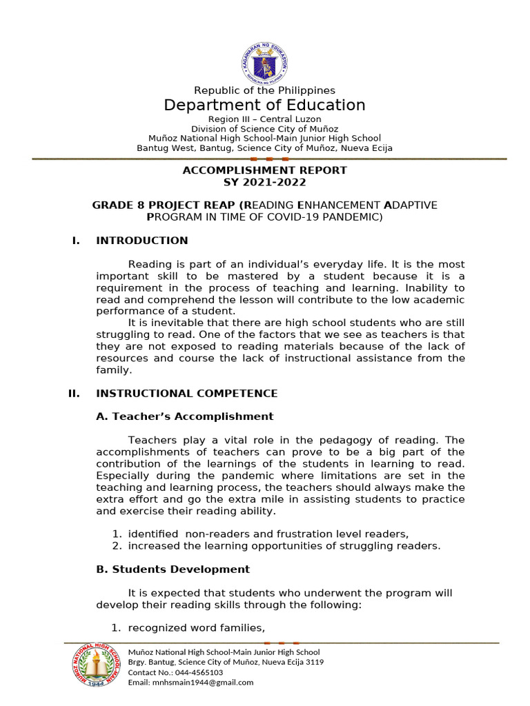 Grade 8 Accomplishment Report SY 2021 2022 | PDF | Cognitive Science ...
