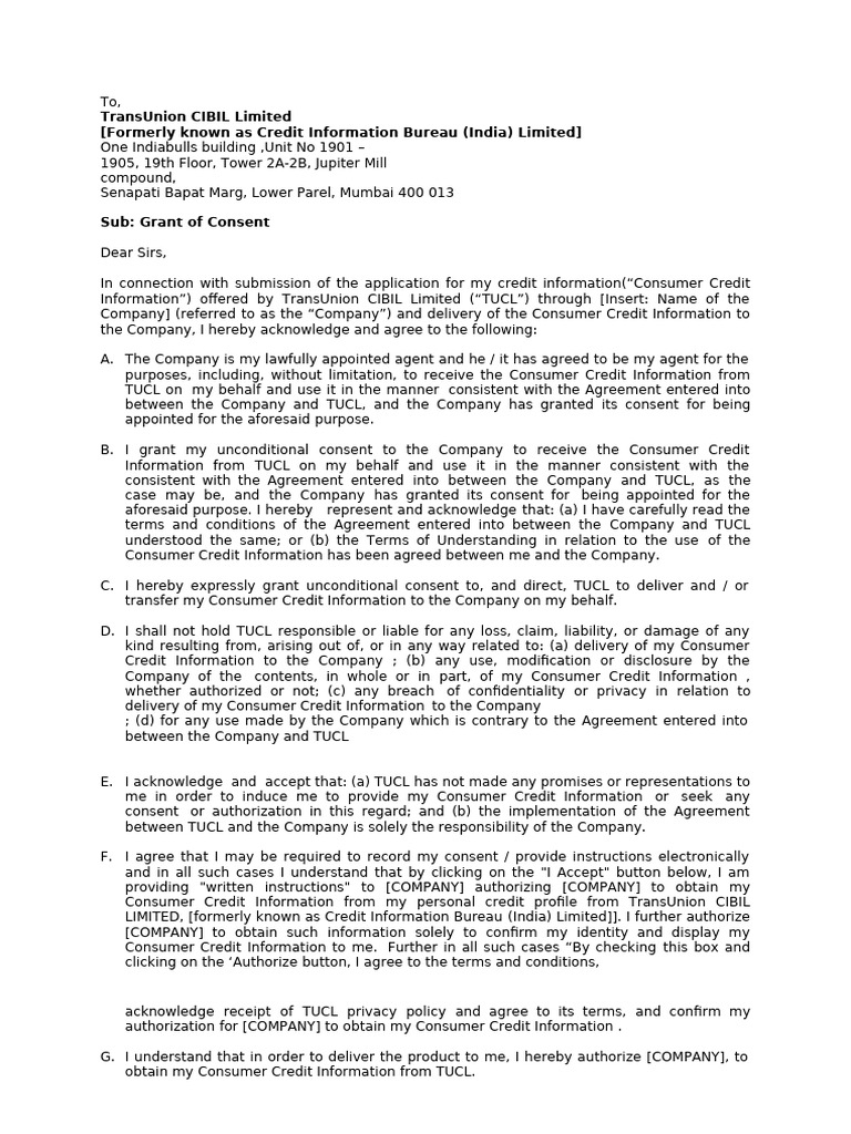 Transunion-CIBIL Consent Form | PDF | Indemnity | Legal Liability