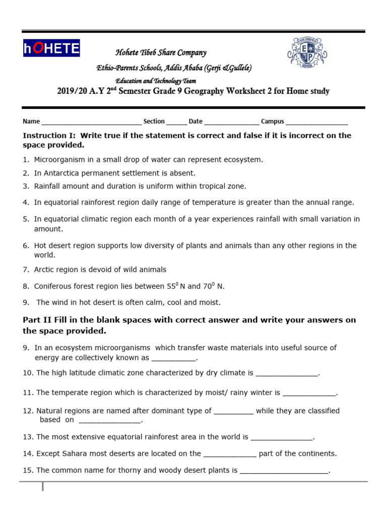 G 9 Geography Worksheet - 2 SS, 2012 | PDF | Desert | Tropics