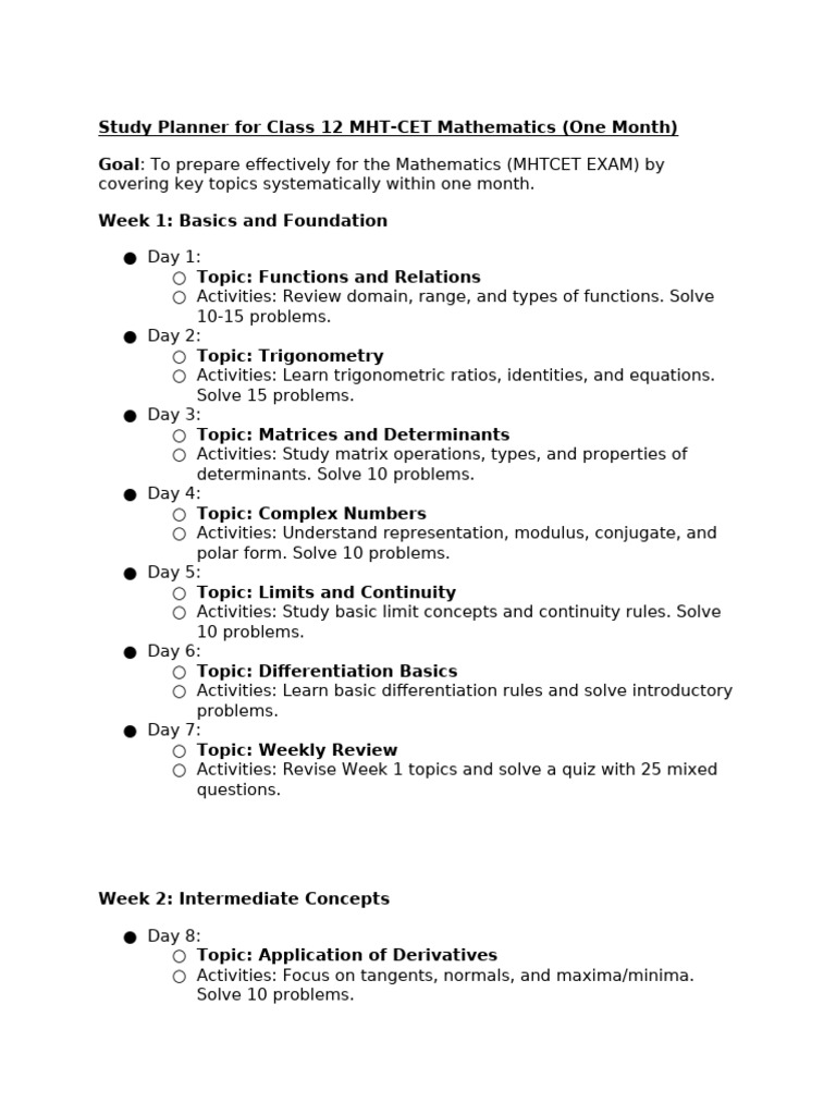 One-Month MHT-CET Math Study Plan | PDF | Geometry | Integral