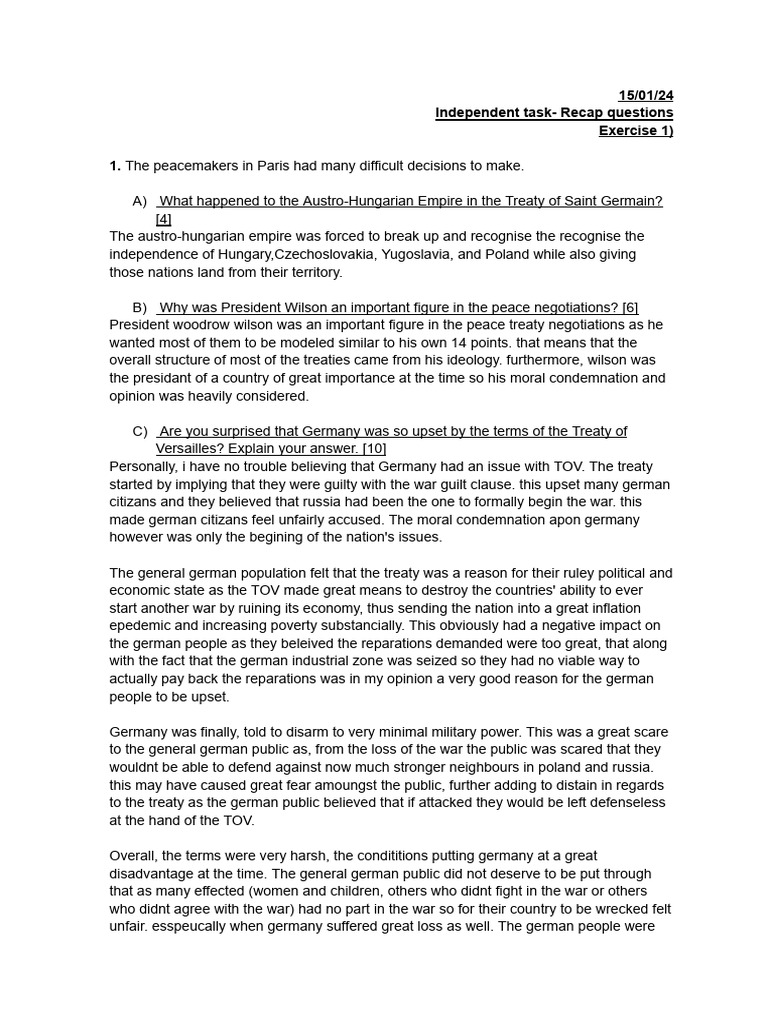 Key Insights on Post-WWI Treaties and Conflicts | PDF | Adolf Hitler ...