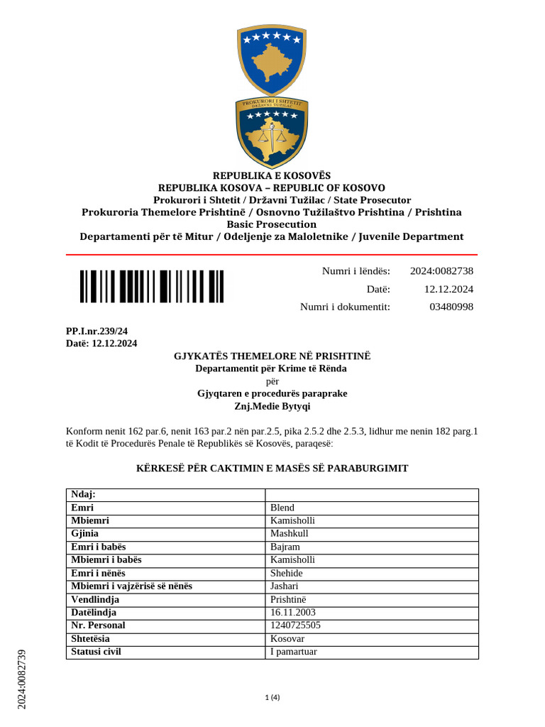 PP.I.nr. 239-24 Kerkese Per Caktimin e Parabrugimit | PDF