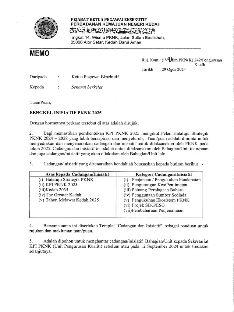Memo Jemputan Bengkel Inisiatif PKNK 2025 | PDF