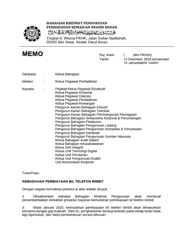 Contoh Memo Makluman Bil telefon Masuk Dalam Gaji | PDF