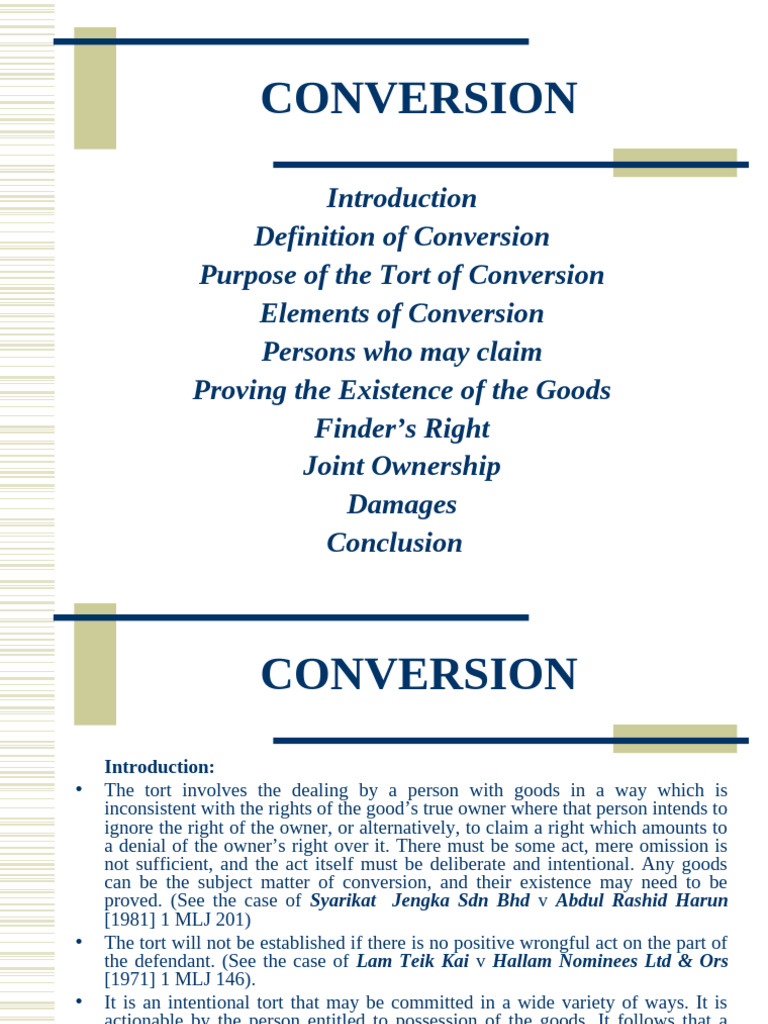 Conversion- Law of Tort I | PDF | Conversion (Law) | Leasehold Estate