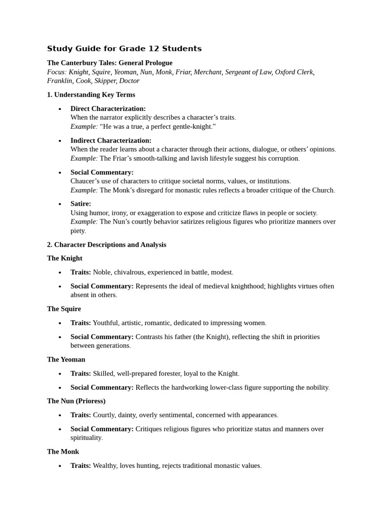 Grade 12 Study Guide Quarter 2 Quiz 1 | PDF | The Canterbury Tales