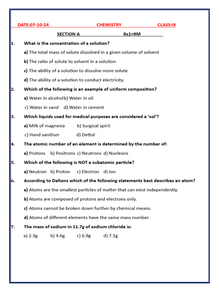 Class IX Chemistry Exam Questions | PDF | Ion | Atoms