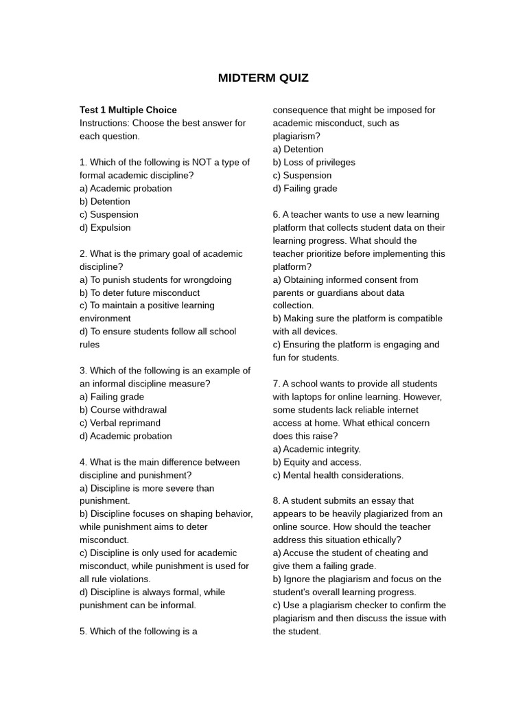 MIDTERM-QUIZ Academic Integrity | PDF | Disciplines | Teachers
