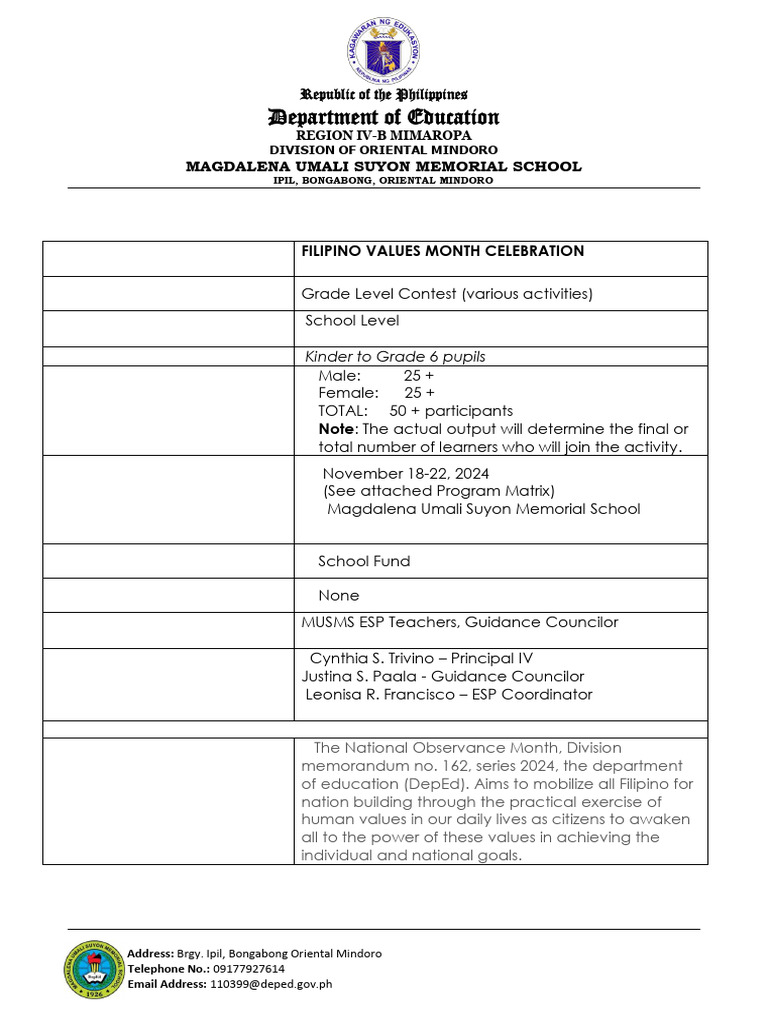 ACTIVITY-PROPOSAL-Filipino-Values-Month-Celebration | PDF | Philippines ACTIVITY-PROPOSAL-Filipino-Values-Month-Celebration | PDF | Philippines
