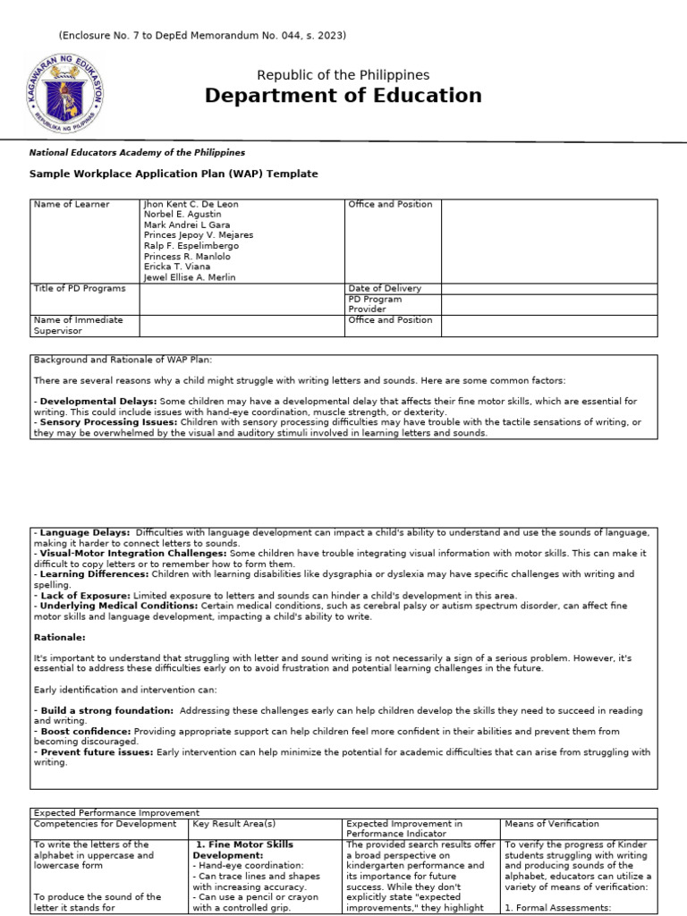 Workplace Application Plan WAP Template Sheril | PDF | Behavioural ...