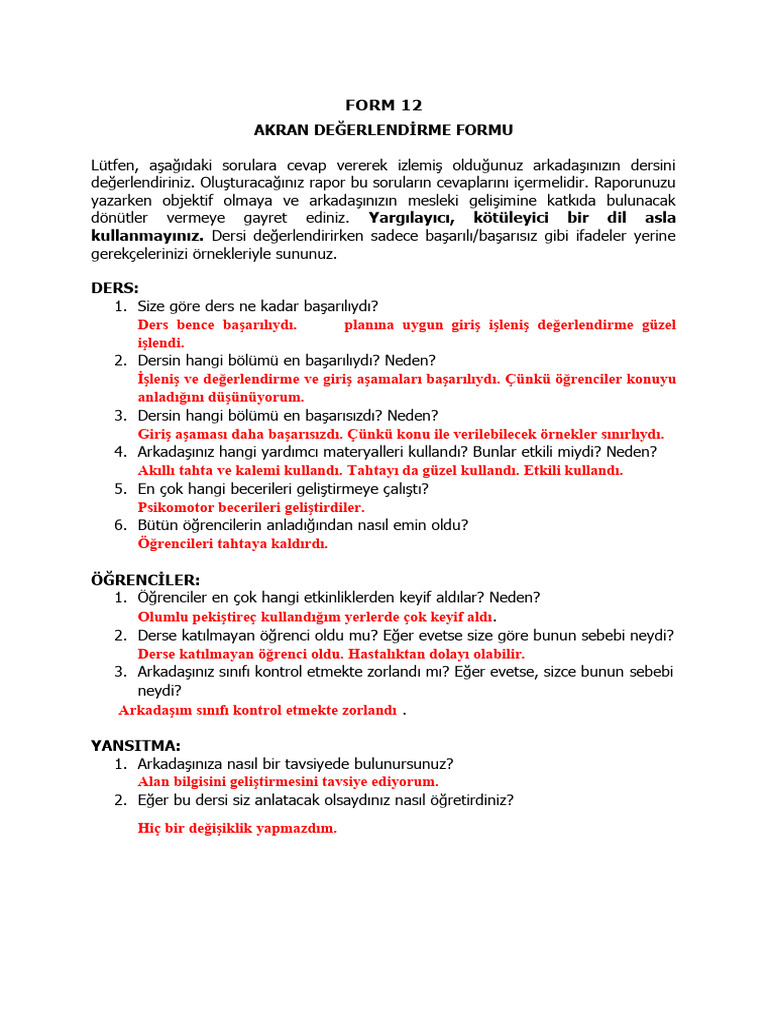 Akran Değerlendirme Formu Hasan Söğüt 9.Hafta 1 | PDF