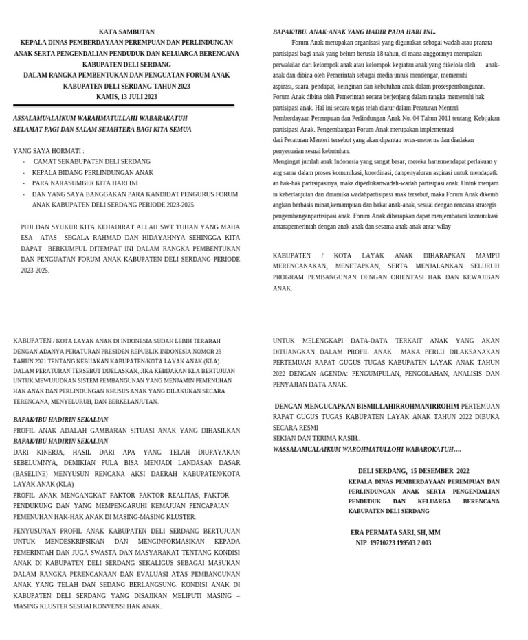 Sambutan Kadis Rapat KLA Bid Data Salinan | PDF