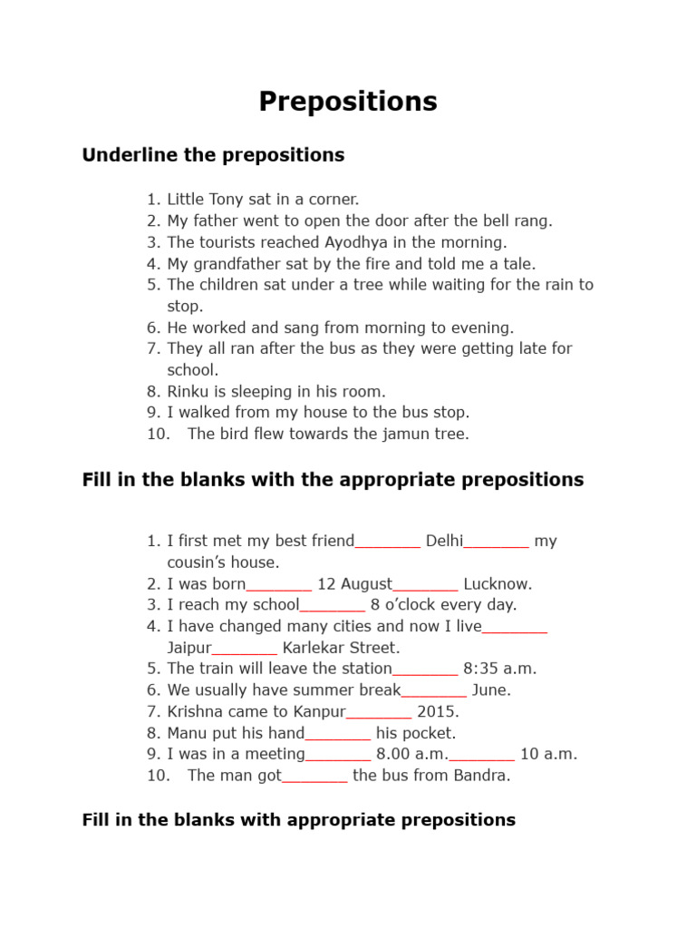 Prepositions Worksheet Grade 5 | PDF
