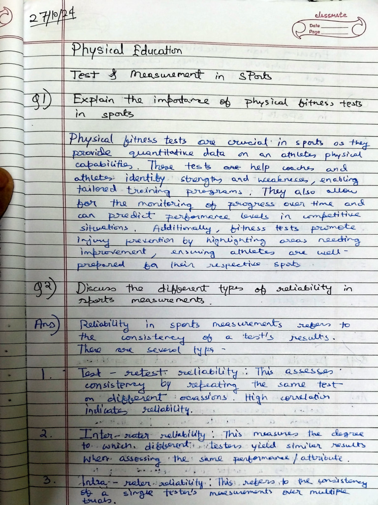 Physical Education - Class Notes 27 October 2024 | PDF