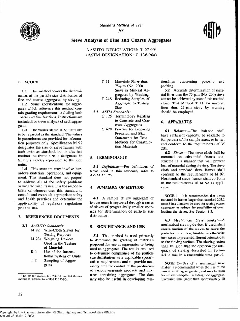 Aashto T27 - 1999 | PDF