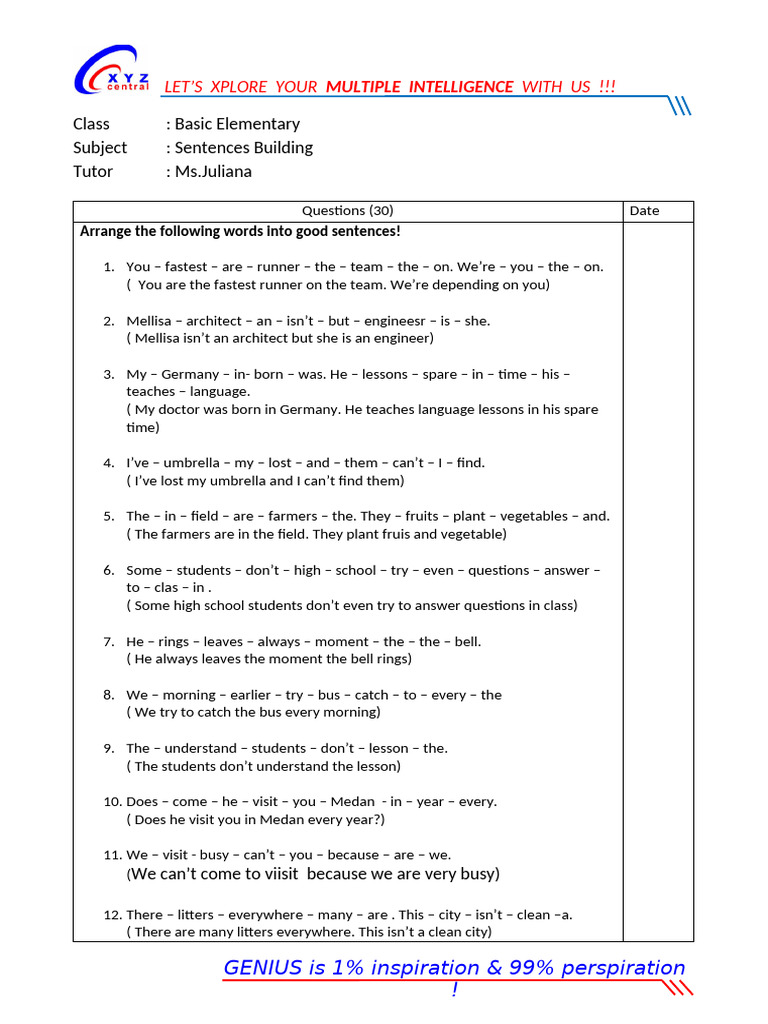 Sentence Building Exercises for Kids | PDF