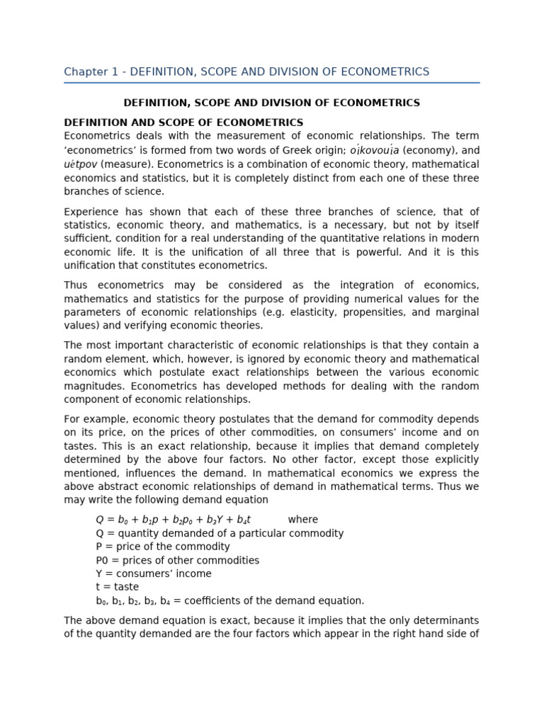 Chapter 1 Definition Scope And Division Of Econometrics Pdf Statistics Econometrics