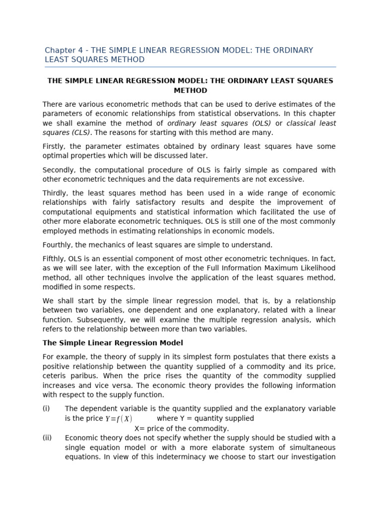 Chapter 4 - THE SIMPLE LINEAR REGRESSION MODEL - OLS METHOD | PDF | Ordinary Least Squares ...