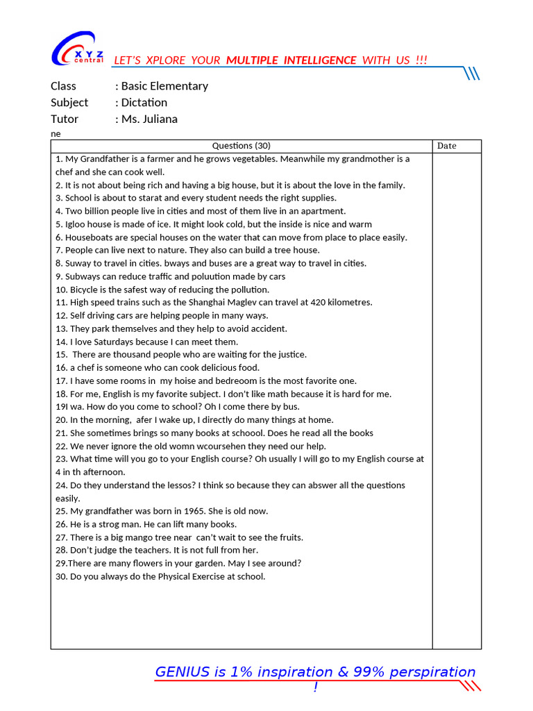 Dictation XYZ ( BASIC ELEMENTARY) | PDF | Land Transport | Transport