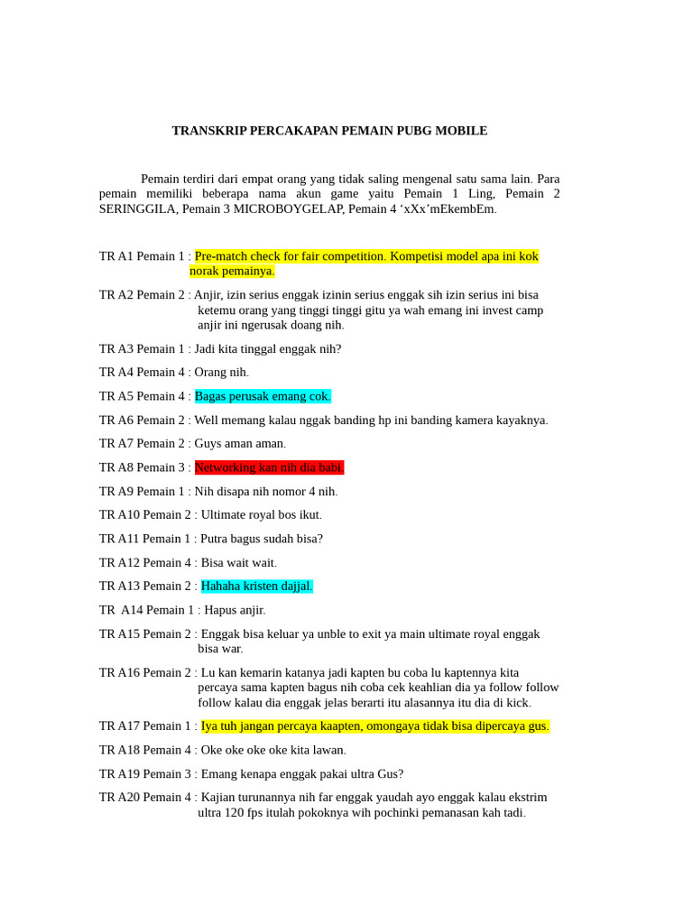 Transkrip Percakapan Pemain PUBG Mobile 1 | PDF